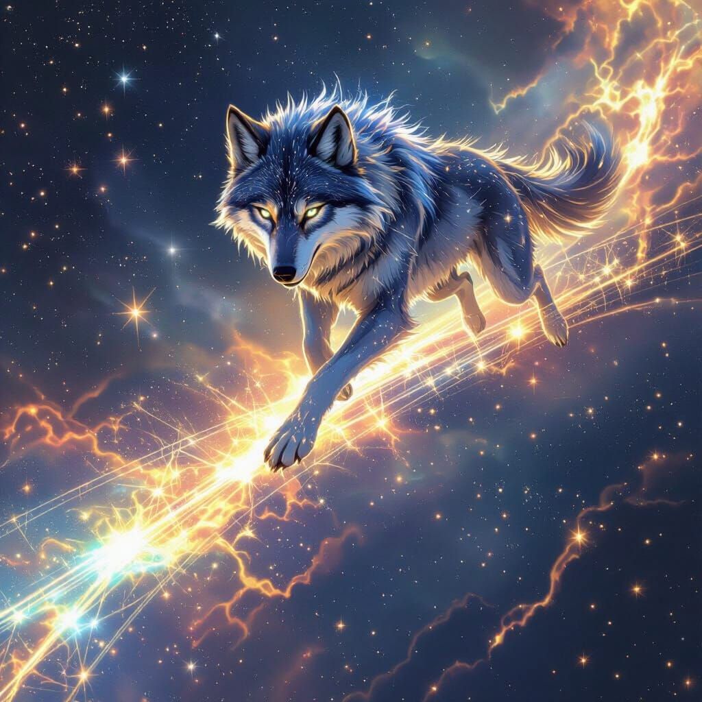 Imagine a celestial wolf, its fur shimmering with stardust, gracefully ...