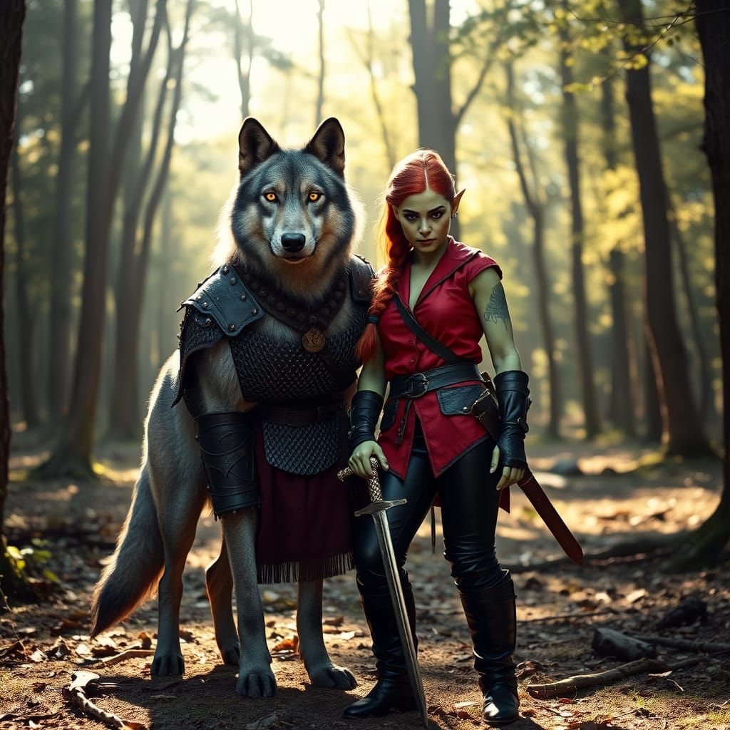 Majestic Grey Wolf Guards Goblin Warrior in Sunlit... - AI Art