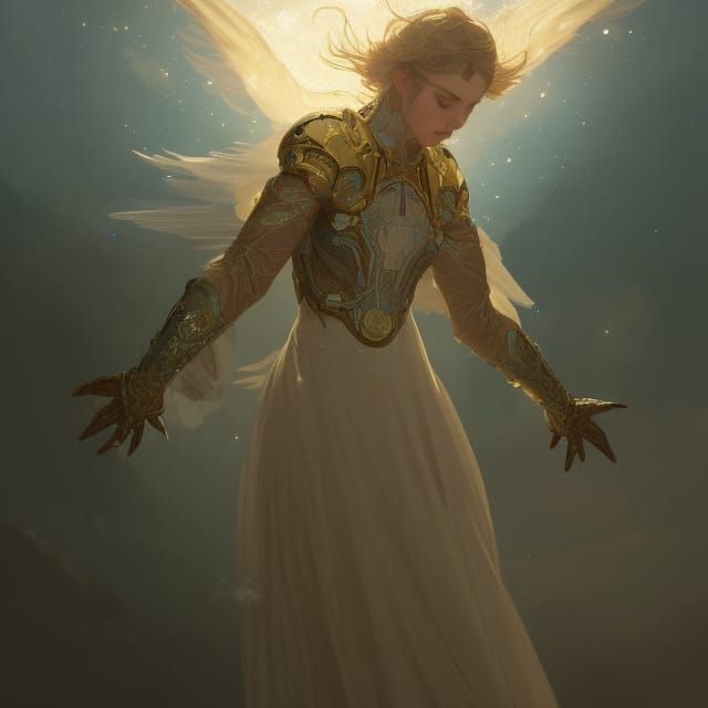 an ethereal guardian wearing angelic armor floating above an expansive ...