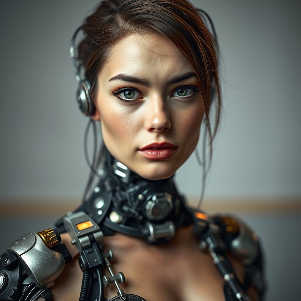 a human like female cyborg with external backbone reinforcement ...