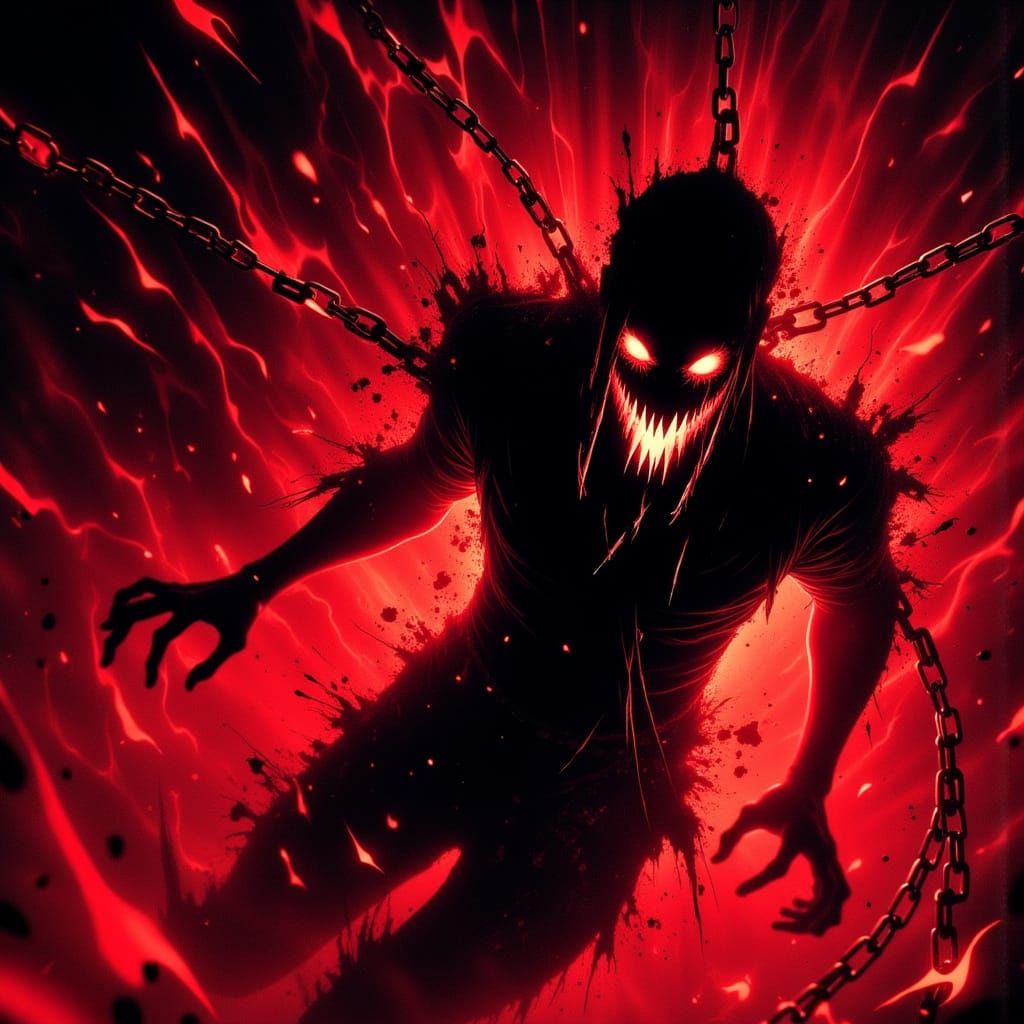 Sinister Chained - Dark Anime Anti-Hero in Fiery Chains