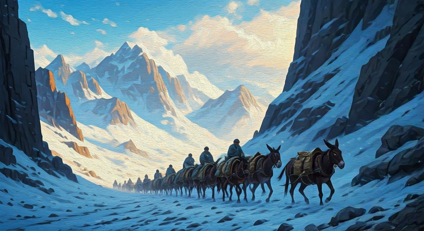 Mules and Wagon Train Struggle Through Blizzard in... - AI Art