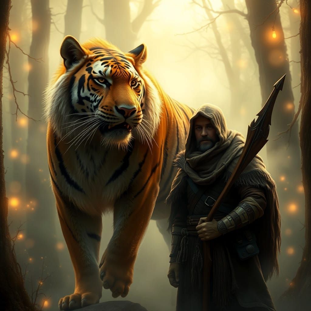 Majestic Sabertooth Tiger and Archer in Golden For... - AI Art