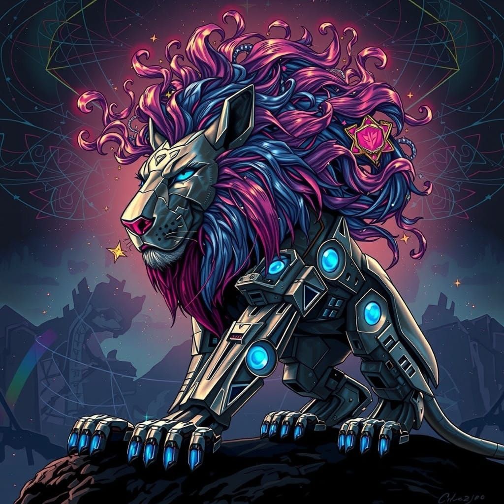 lion autobot with majestic colorful mech mane