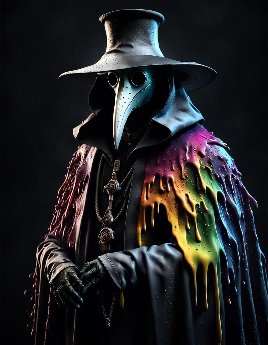Plague Doctor, his cloak a masterpiece of photorealistic dripping ...