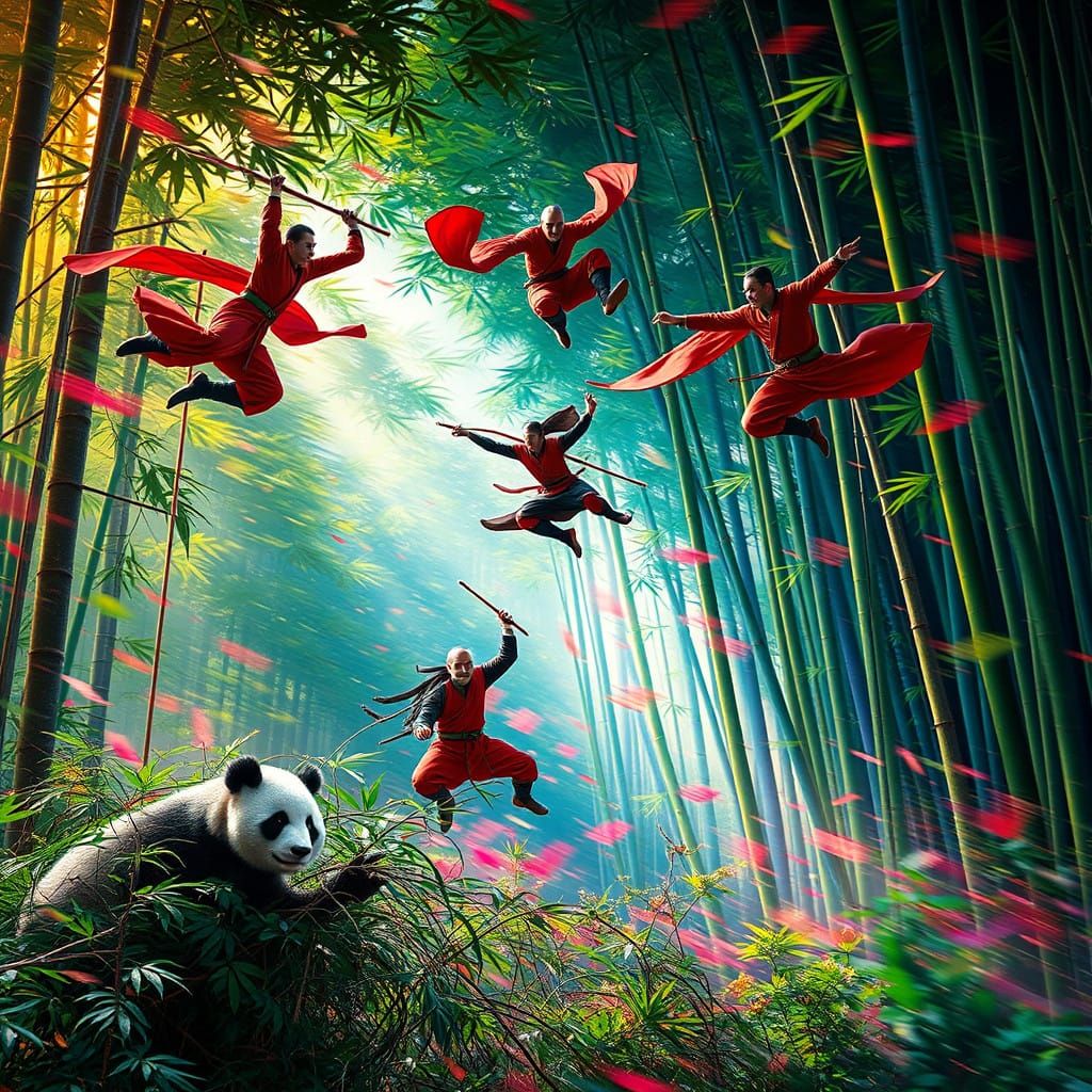 Hyperrealistic Bamboo Forest Battle Scene in Vibra... - AI Art