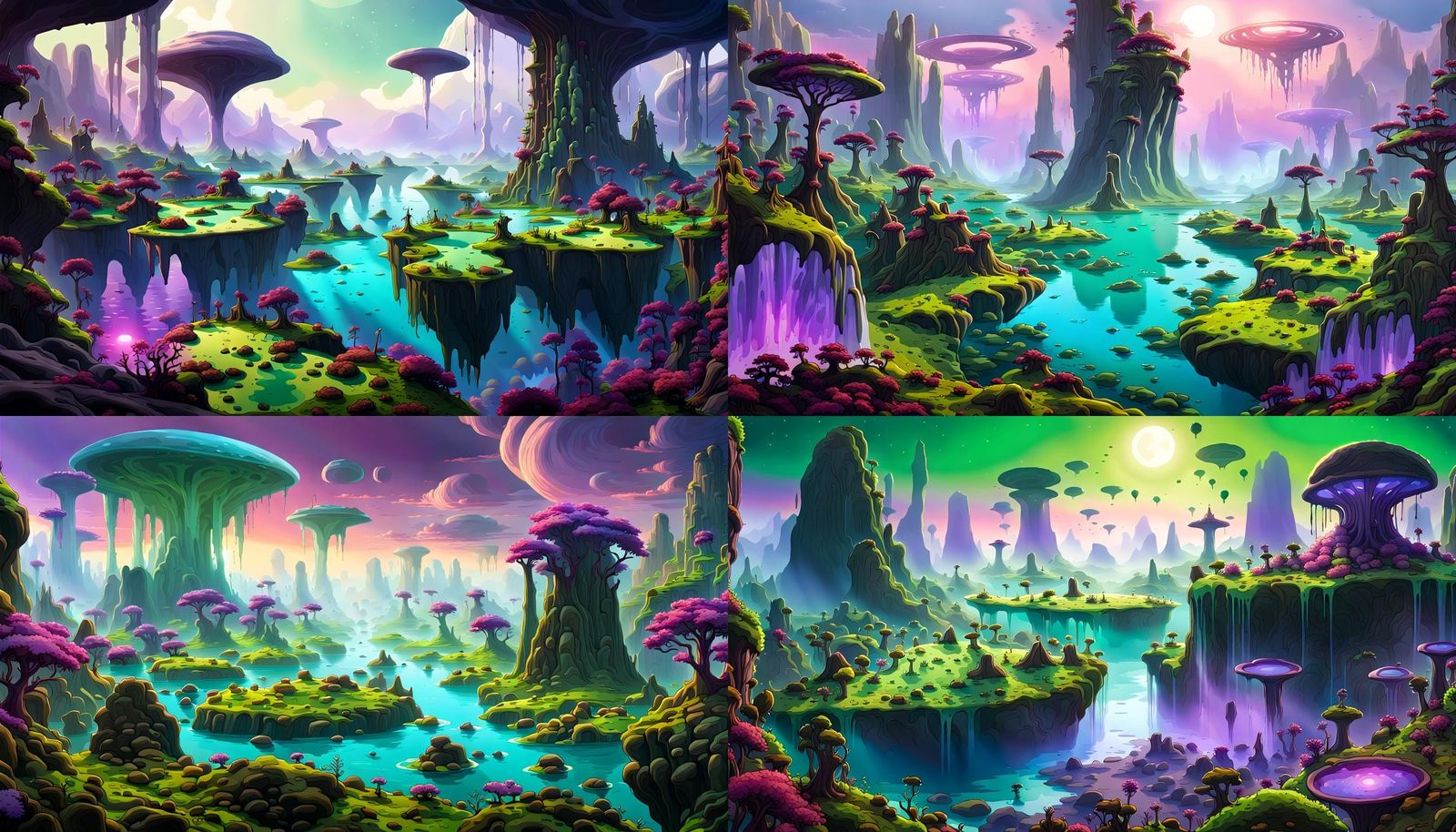 A lush, vividly colorful alien world, with a bright morning light ...