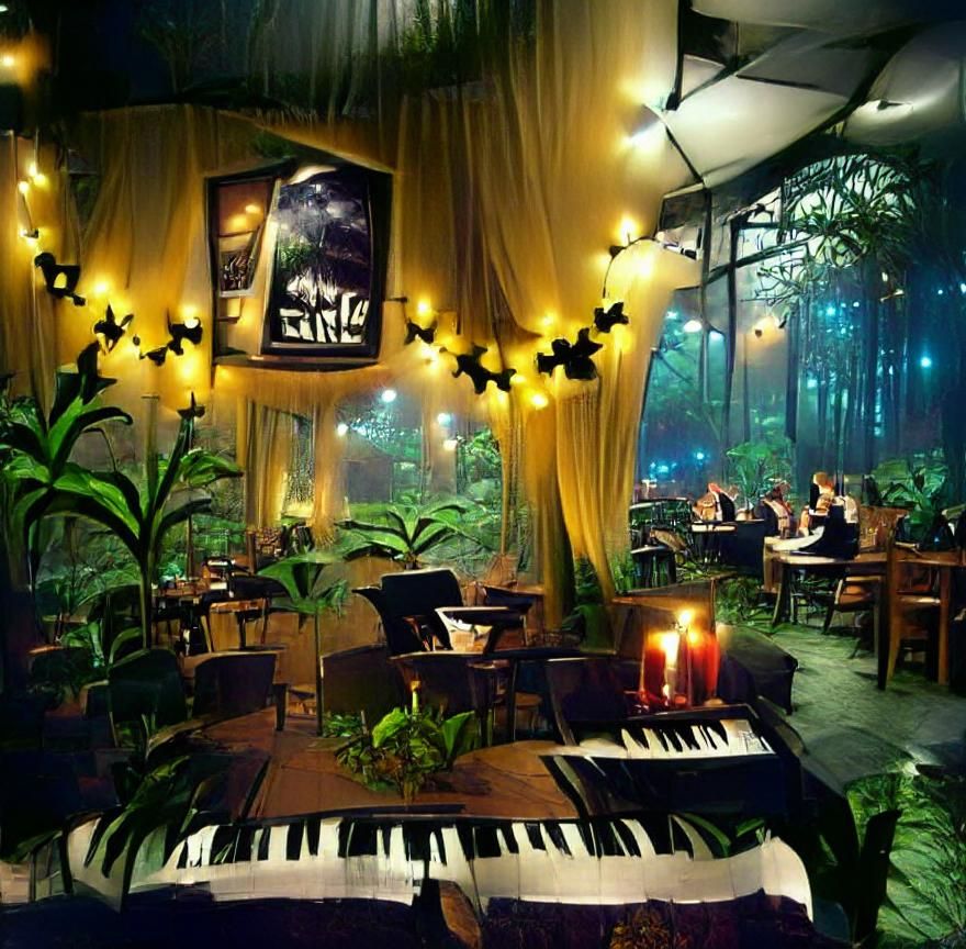 Night cafe with a jungle view, night time sky, fairy lights Inside ...