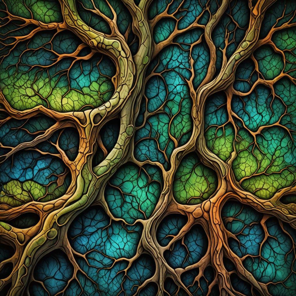 Close-up portrait of a tree roots fractal pattern, that keeps repeating ...