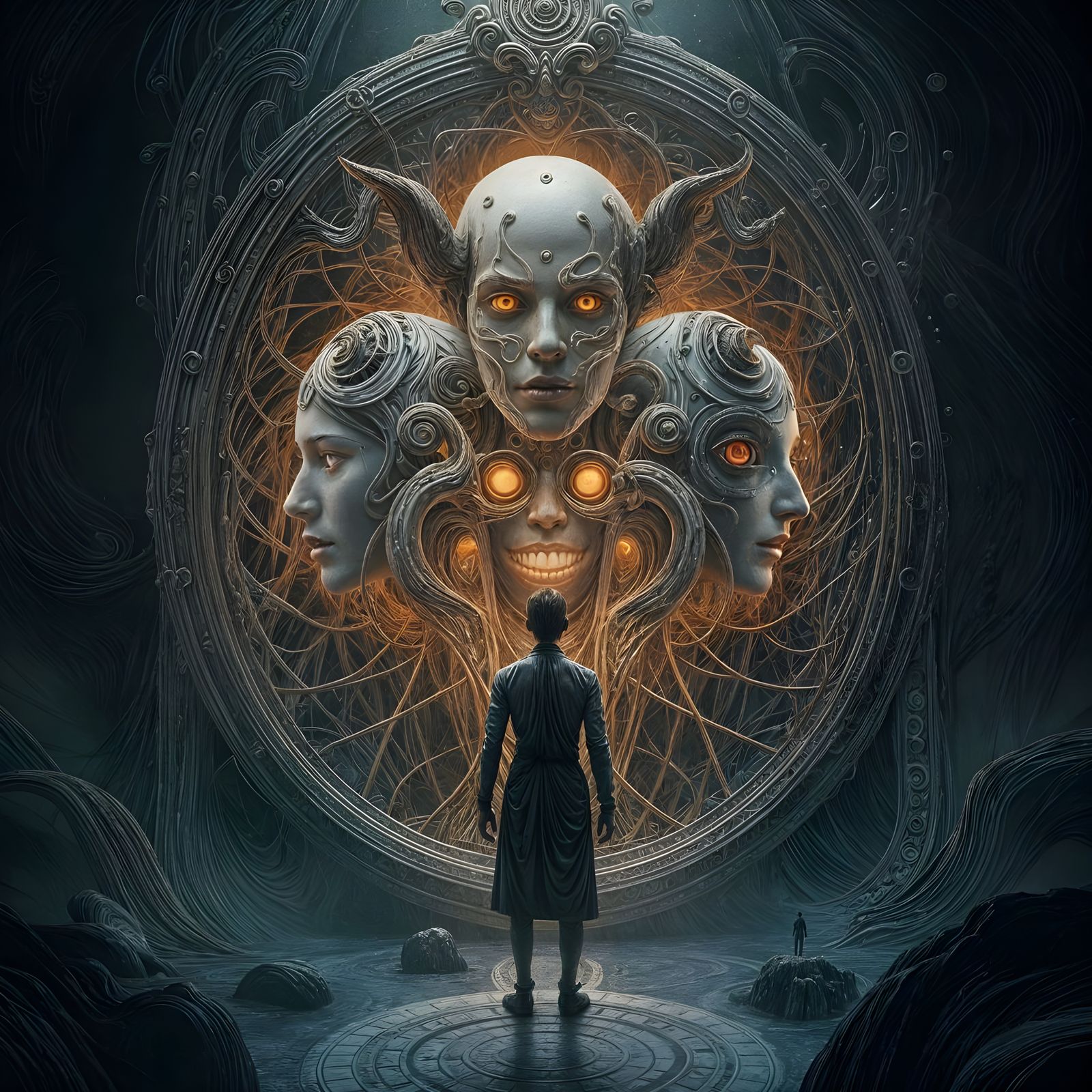 Surreal Oracle Mirror Scene in Cyberpunk Style - AI Art