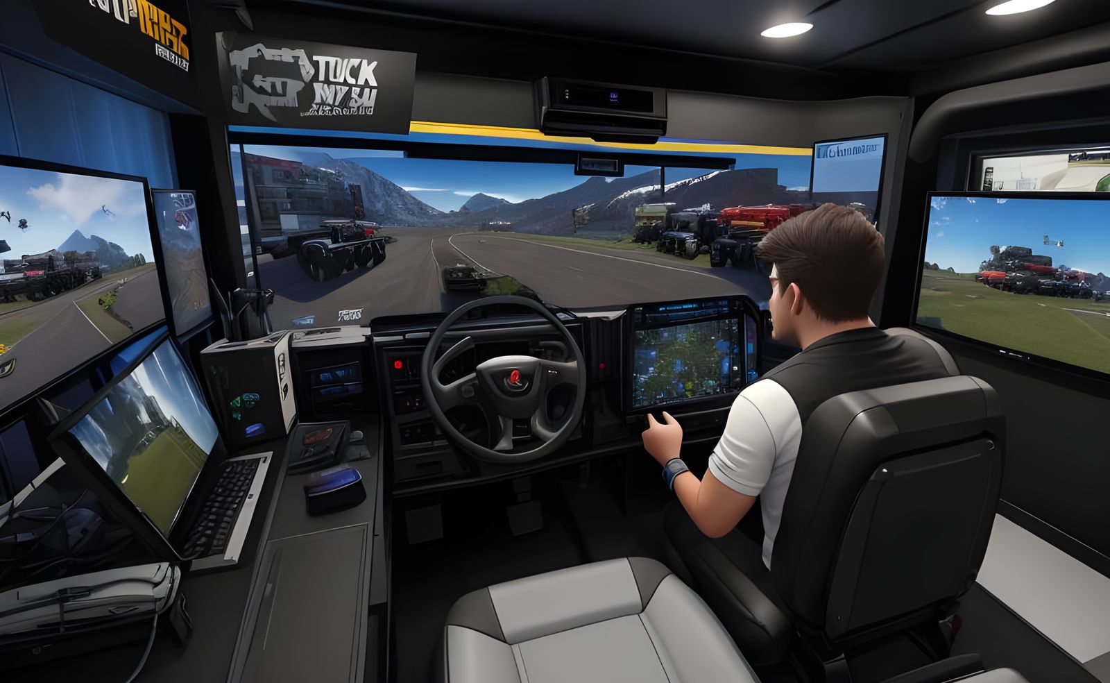 A gamer tweaks his truck simulator cat on 6 screens with 4K resolution ...