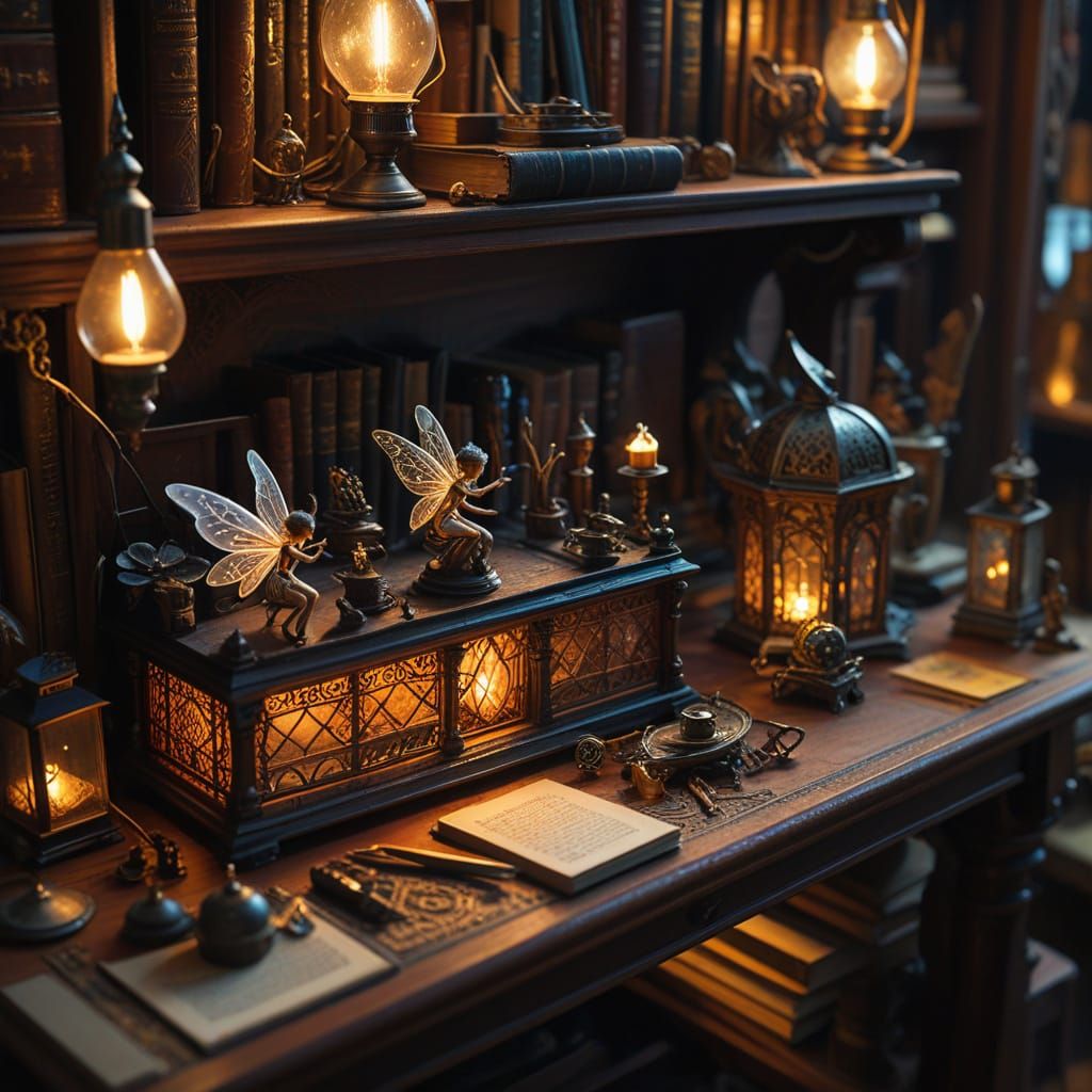 Whimsical Fairy Workshop in a Colossal Bookcase - AI Art