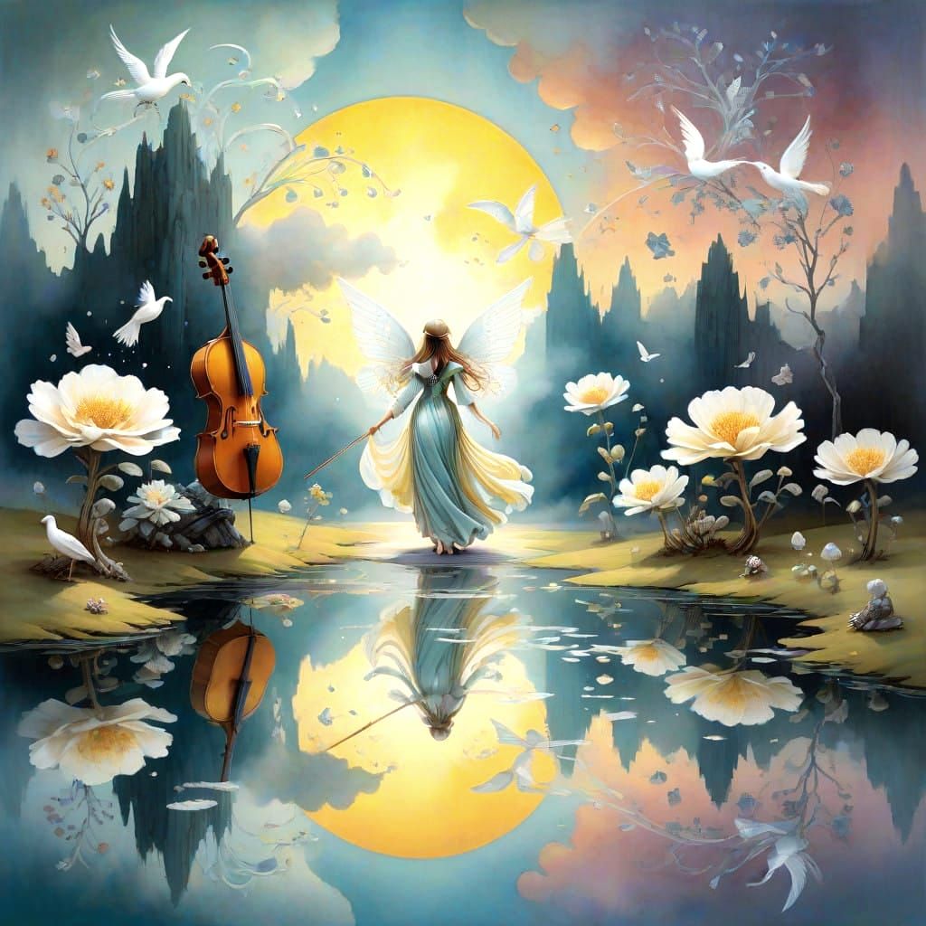 watercolour depiction of the ethereal a whimsical angel conductor ...