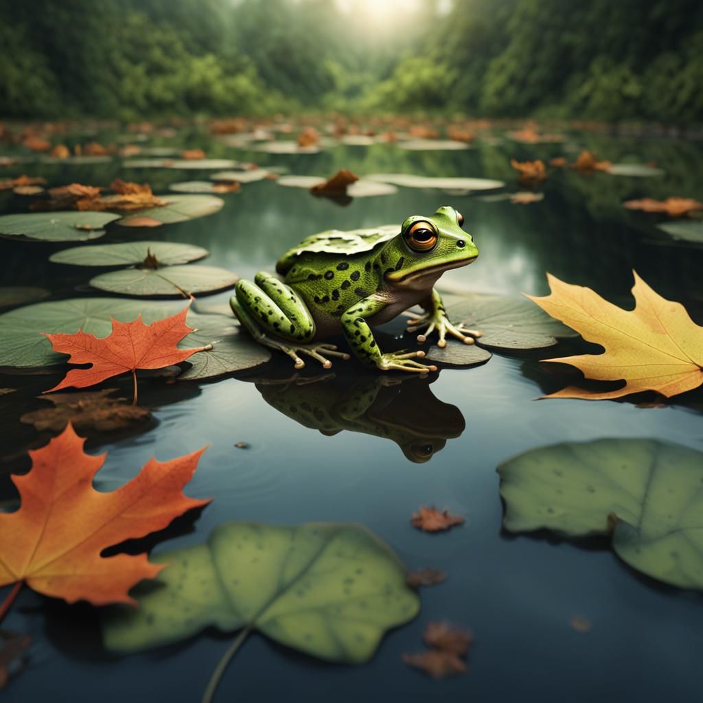 tiny frog maple leaf in a pond Epic cinematic brilliant stunning intricate meticulously detailed ...