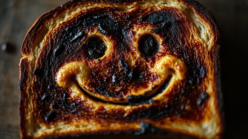 a burnt piece of toast with patterns that resemble a smiling human face.