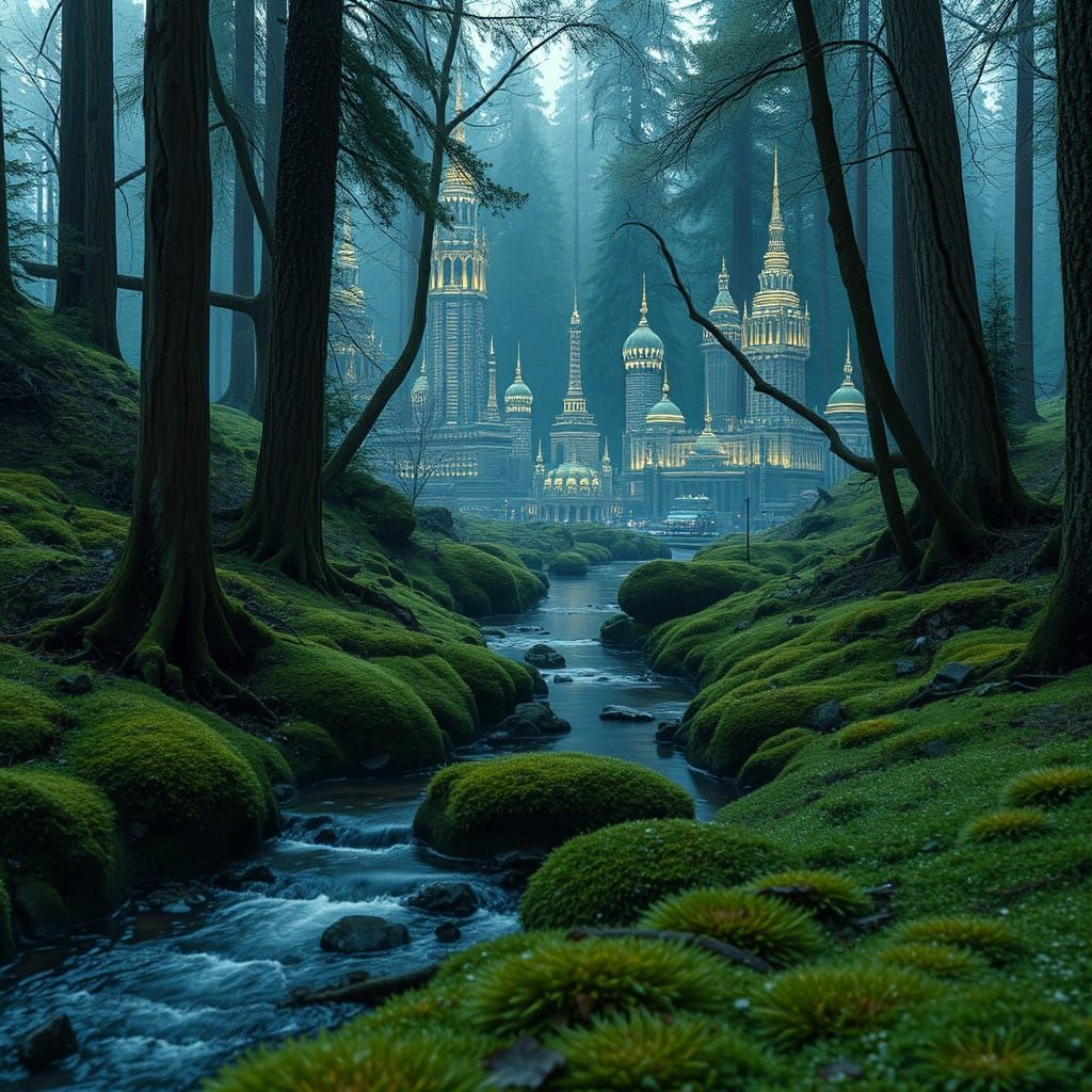 Cities Emerge Amidst Mossy Forests in Whimsical Me... - AI Art