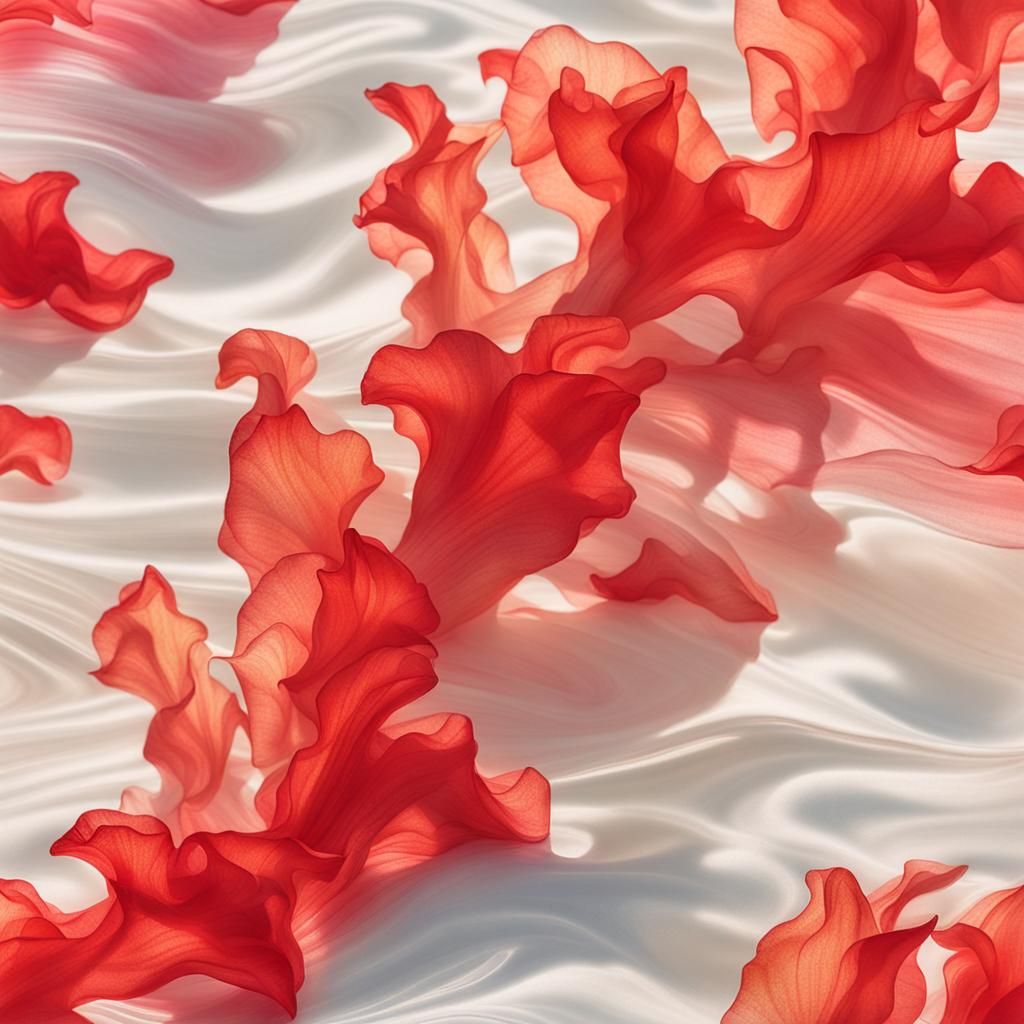 Snapdragon autography on luminousred, white sunlit translucent silk windblown ripple, opalescent ...