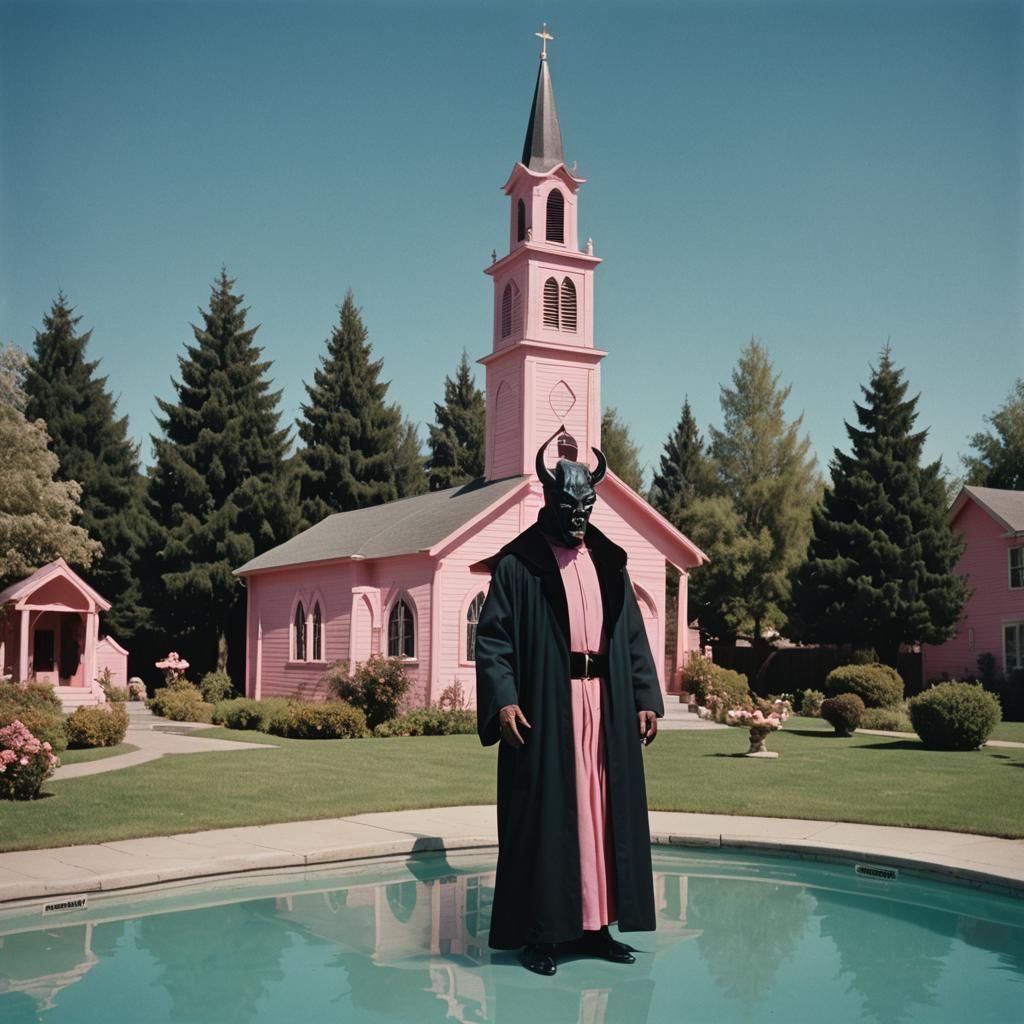 1950s film grain, filmic, black robed black horned demon standing ...