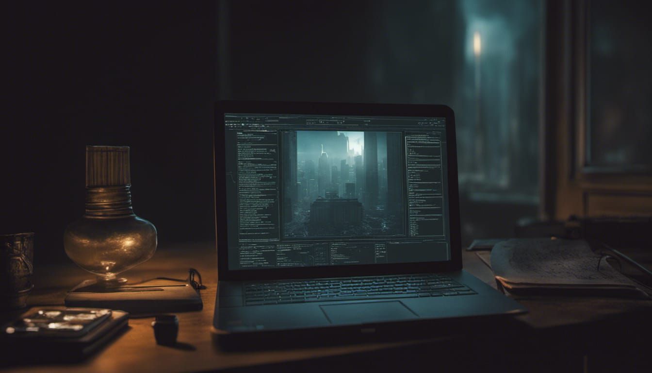 Programming on a laptop in the first person in a dark, gloomy room with ...