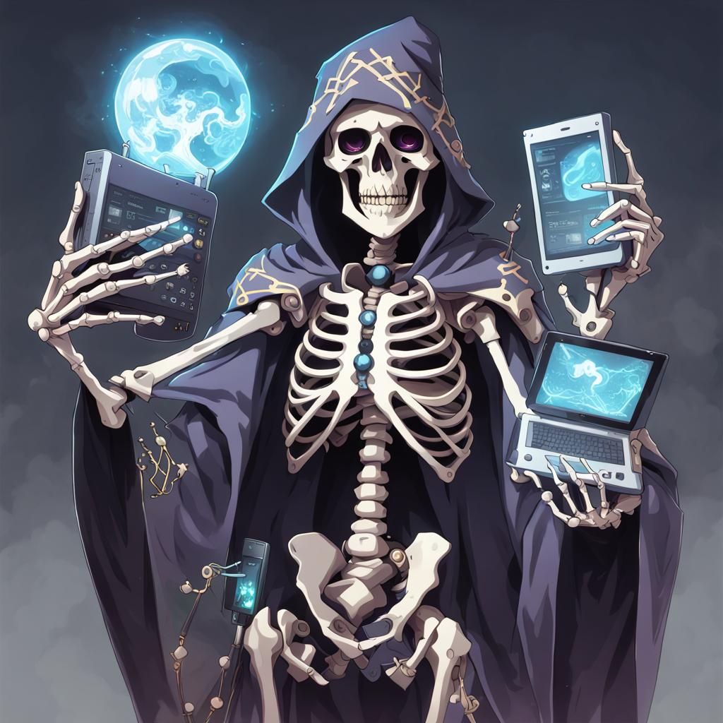 Skeleton wizard holding computerized devices - AI Generated Artwork ...