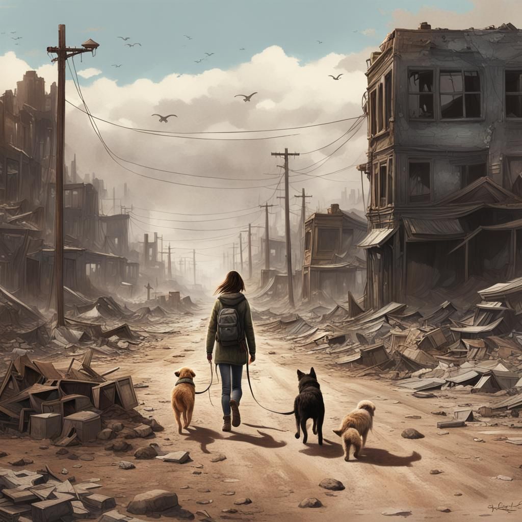 Girl and her dogs walking through a desolate town wasteland in a post ...