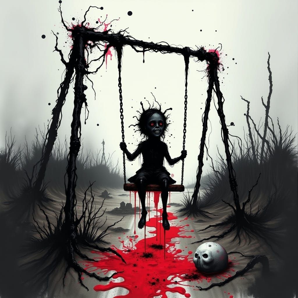 A Girl on a Haunting Rural Swing Set Amidst a Bloo... - AI Art