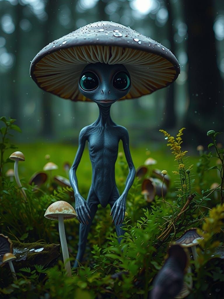 Cute funny little alien hidden in a forest.