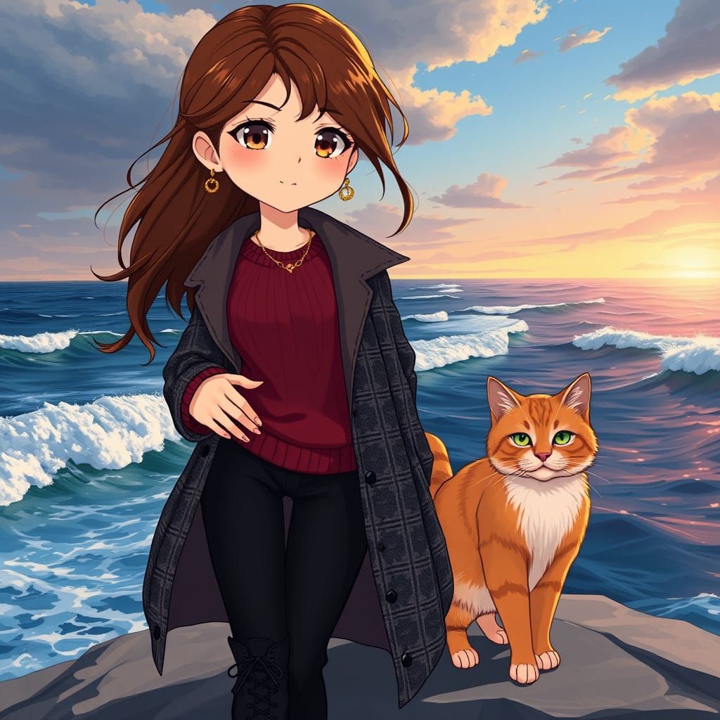 Elegant Woman with Ginger Cat in Vibrant Ocean Lan... - AI Art