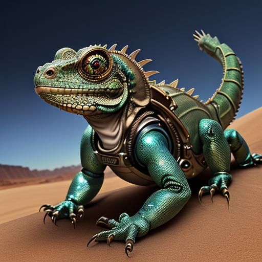 Steampunk Cyborg Pet Iguana, metallic scales, irridescent desert scene ...