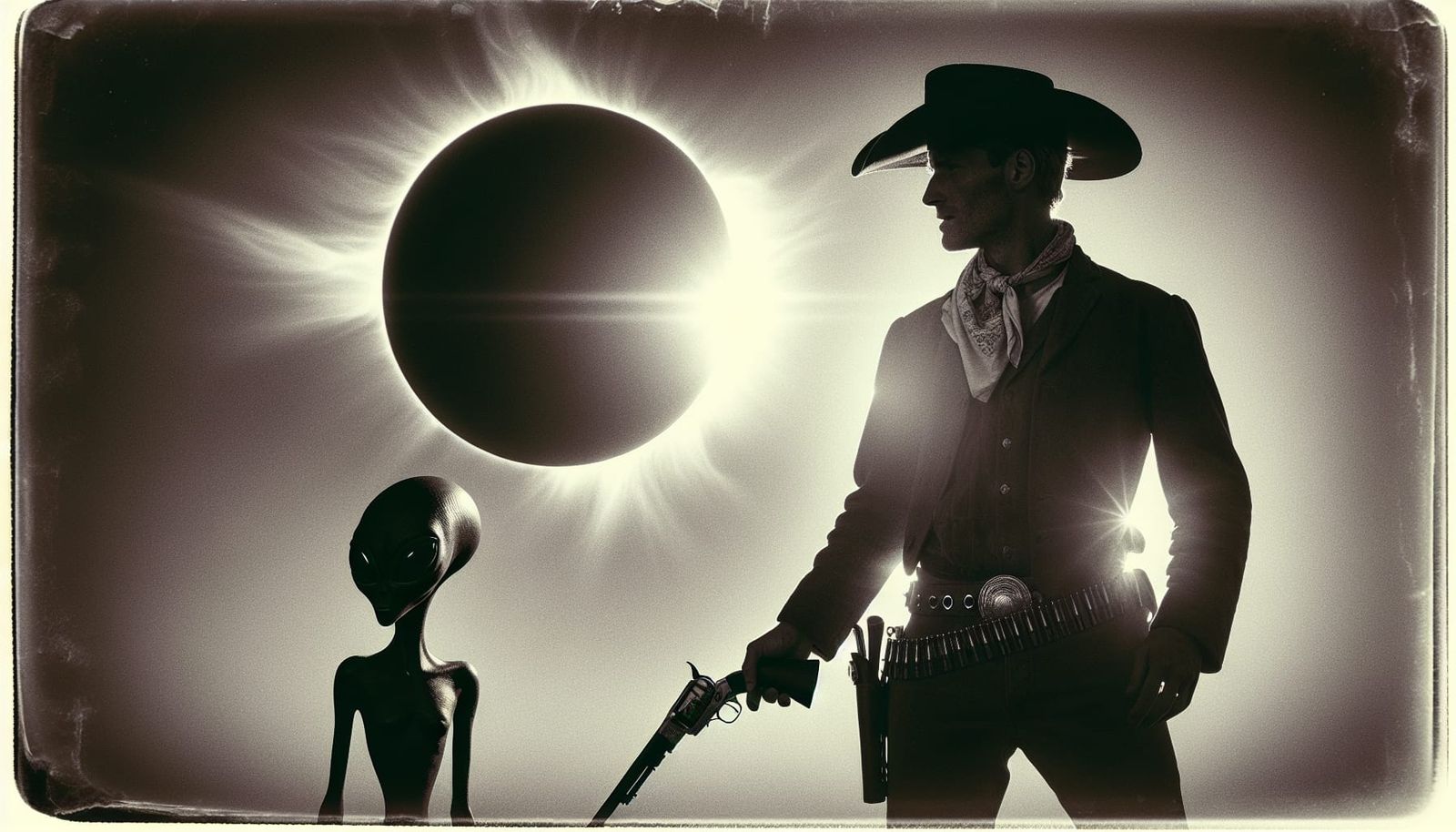 Ethereal Cowboy Caught in Eclipse Next to Alien Fi... - AI Art