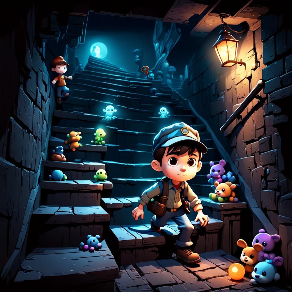 Cute Chibi detective In a Cap Hat is climbing stairs investigating in a ...