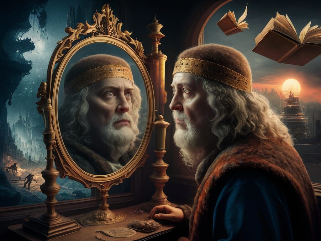 Nostradamus staring intently into a mirror, inside the mirror is ...