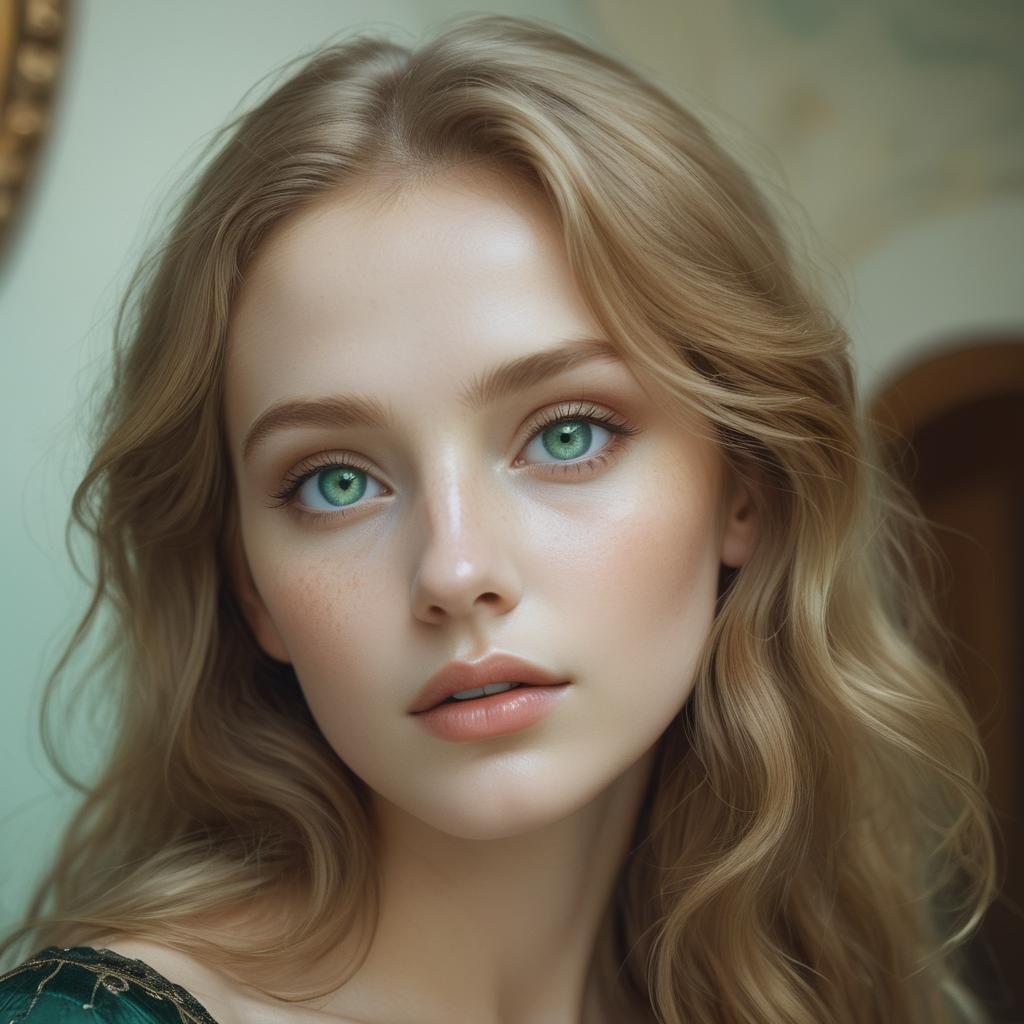 Beautiful female face with dark blonde hair and green aquamarine eyes ...