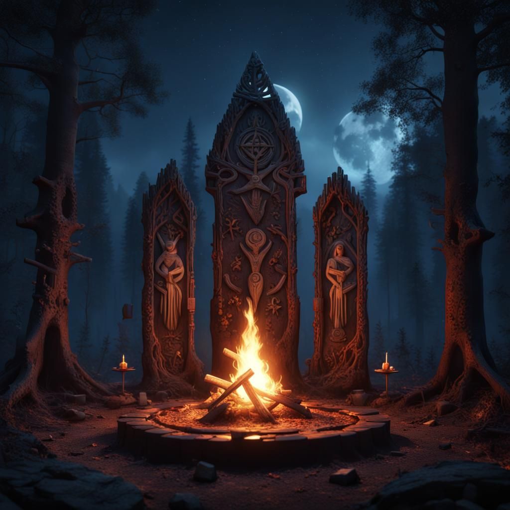 very simple and primitive altar with carved strange symbols and a ...