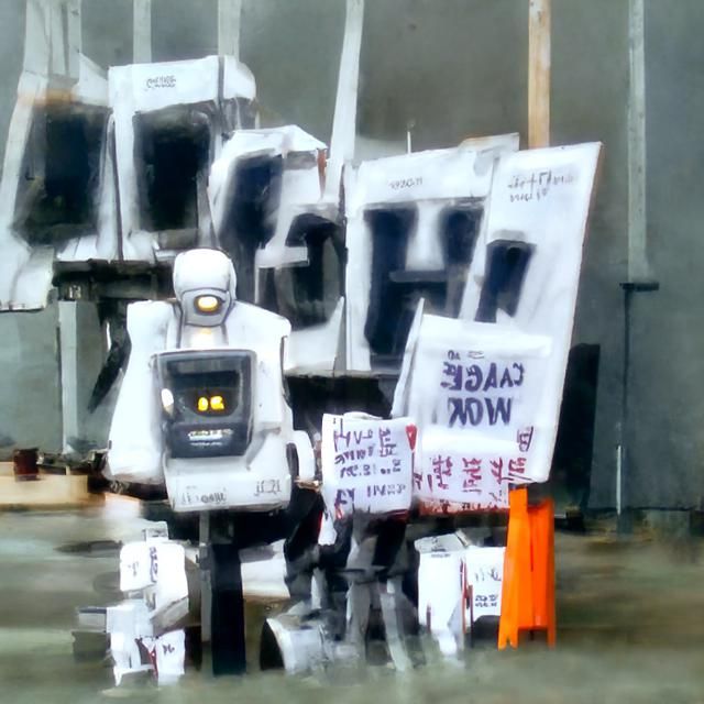 robots on strike outside a factory like warehouse holding strike signs ...