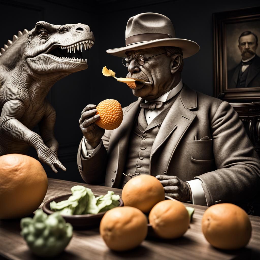Teddy Roosevelt eating cantaloupes with his friend the brontasaur - AI ...