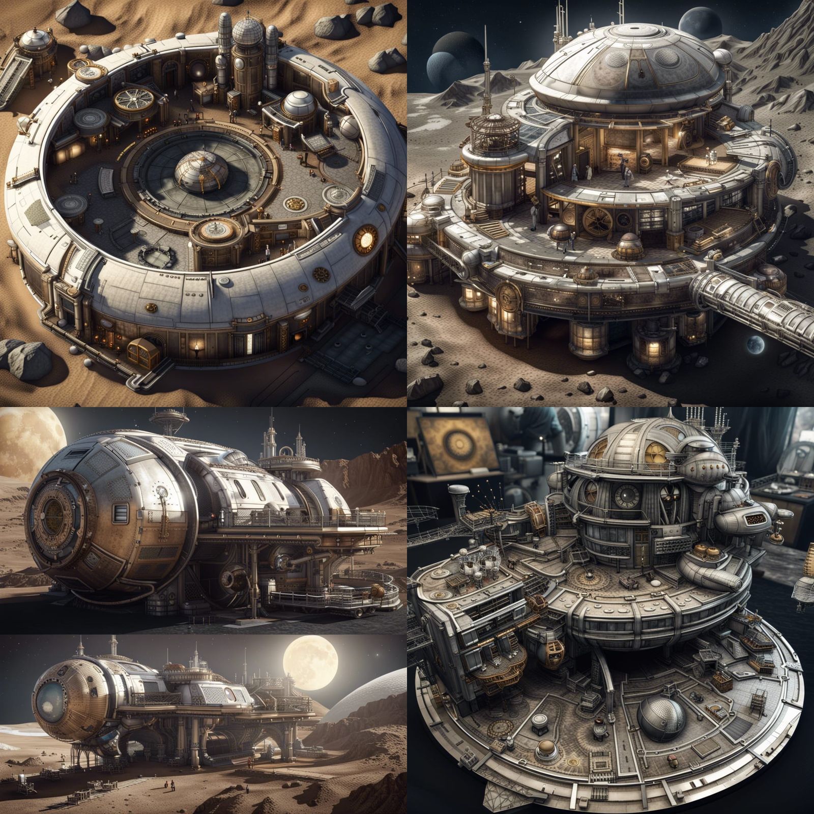 A steampunk lunar base, with intricate photo realistic detail as seen ...