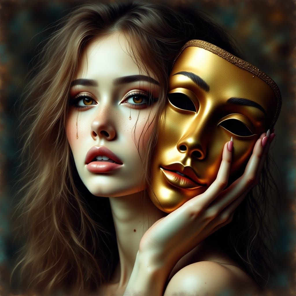 A melancholic woman holding a smiling theatrical mask