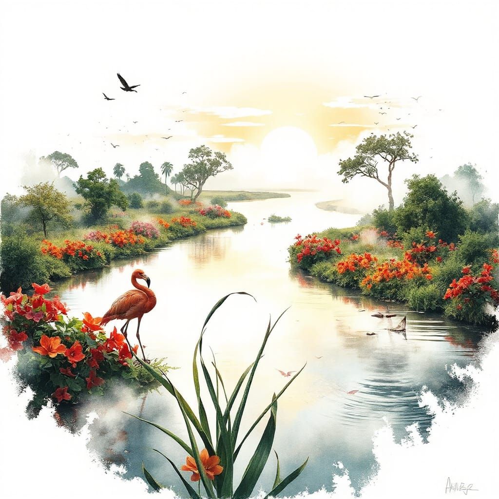Surreal River Delta Blooms in Vibrant Watercolour - AI Art