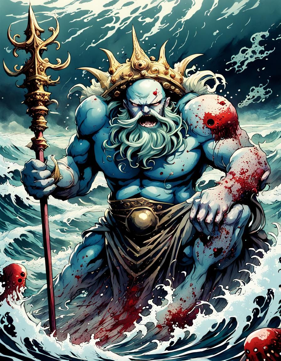 Horror evil king Neptune with blood, eerie, fish skewered on spear ...