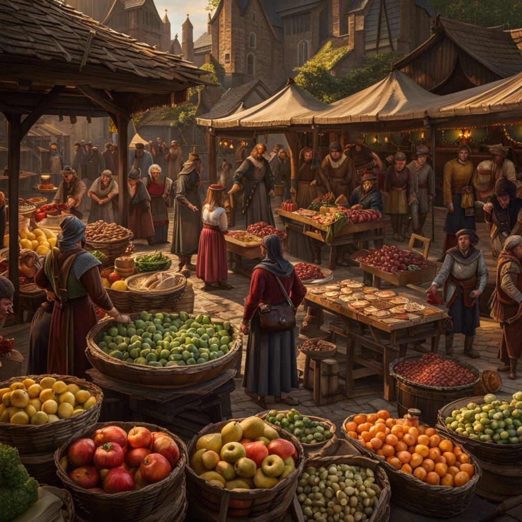 market in the Middle Ages with peasants, knights, lords, among the ...