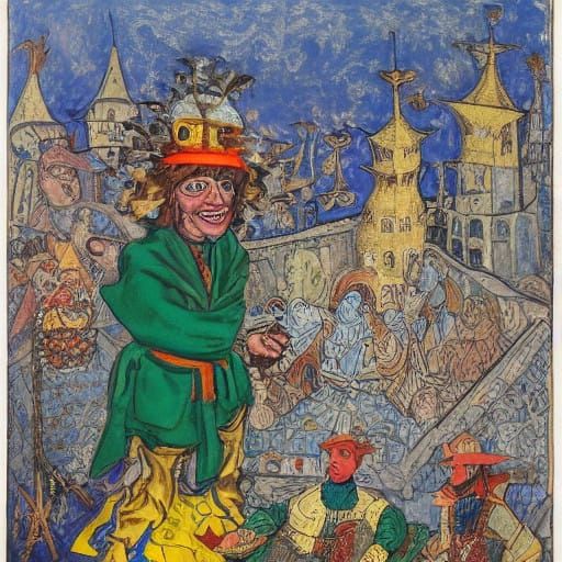 Medieval Jester Steals Stealth Jet in Bold, High-C... - AI Art