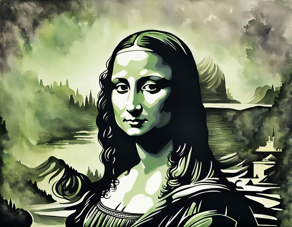 Impressionism in Black and Green in washed Watercolor of Portrait of ...