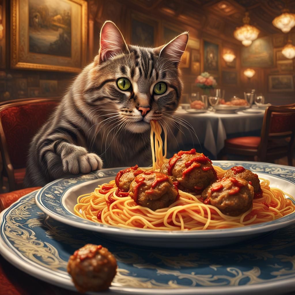 A cat playing with a meatball in a spaghetti dinner in an Italian ...