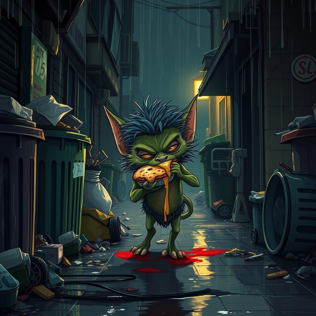 This image shows a gremlin enjoying a pie in a dimly lit, rain-soaked ...