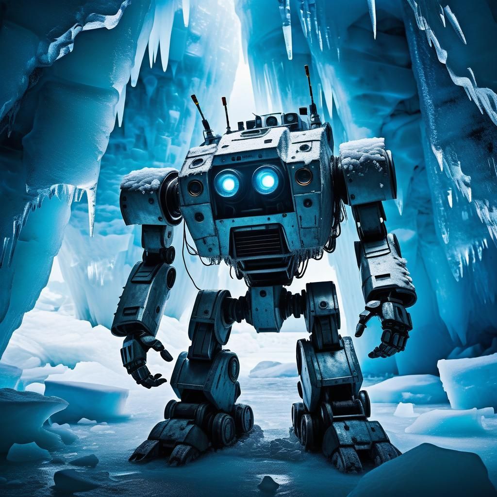 Giant robot with tank treads and glowing camera eyes and arms coated in ...