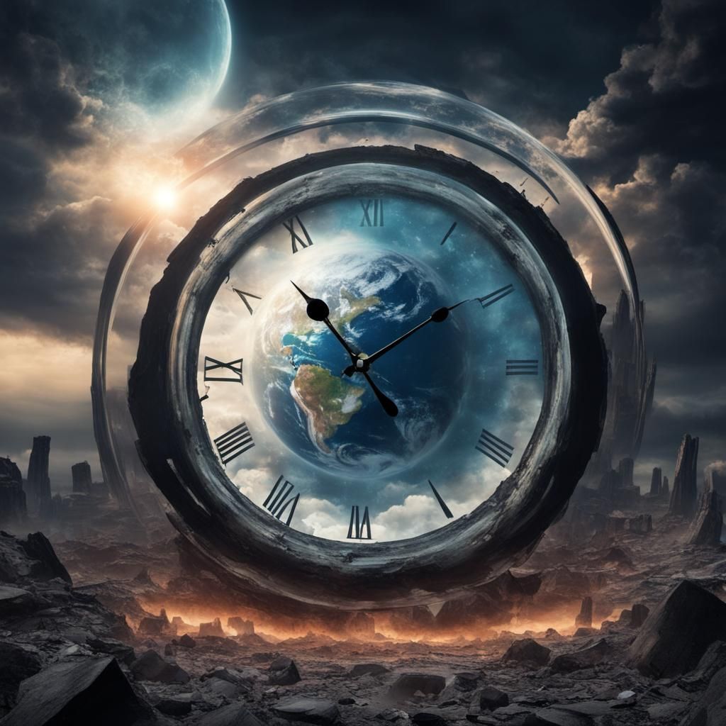 the apocalypse clock floating like a hologram above a devastated earth ...