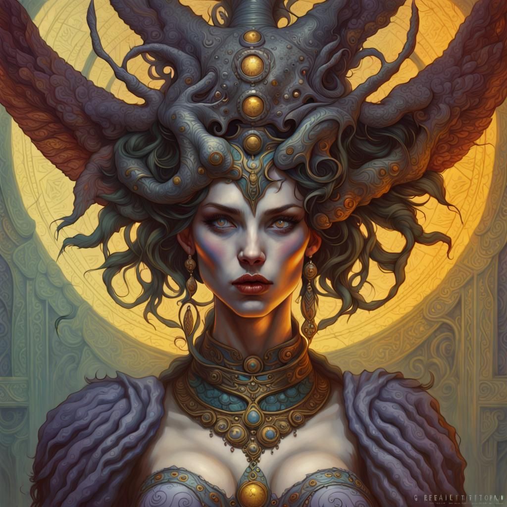 Beautiful goddess of illusions and trickery, by Gerald Brom and Alex Gray. Colorful, intricate ...