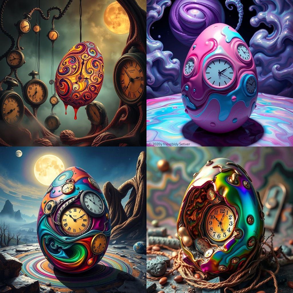 An surreal very abstrakt Easter egg in the style of "Salvador Dalí", with melting clocks ...