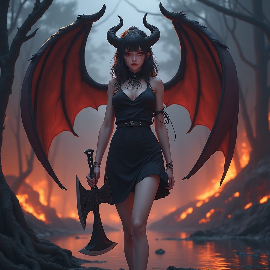 an charming female winged demon, looking at the viewer, looking like a ...